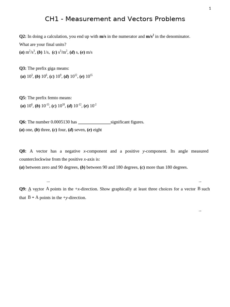 CH1 - Measurement and Vectors Problems | PDF | Euclidean Vector | Angle