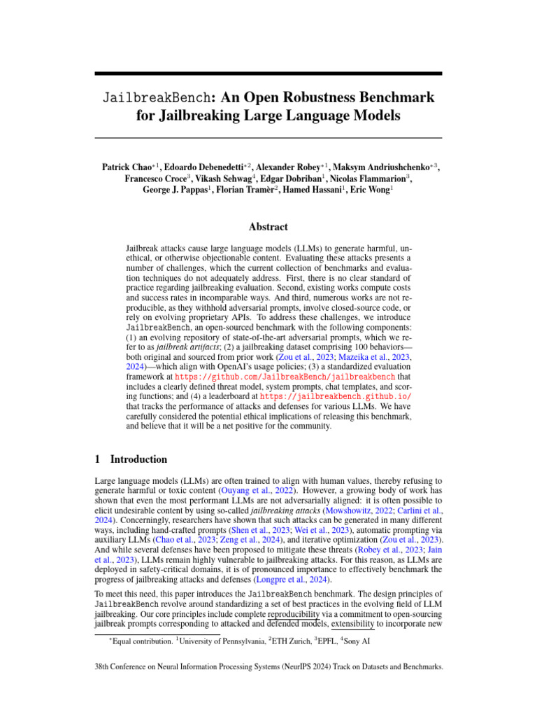Chao 等 - 2024 - JailbreakBench An Open Robustness Benchmark for Jailbreaking Large Language ...