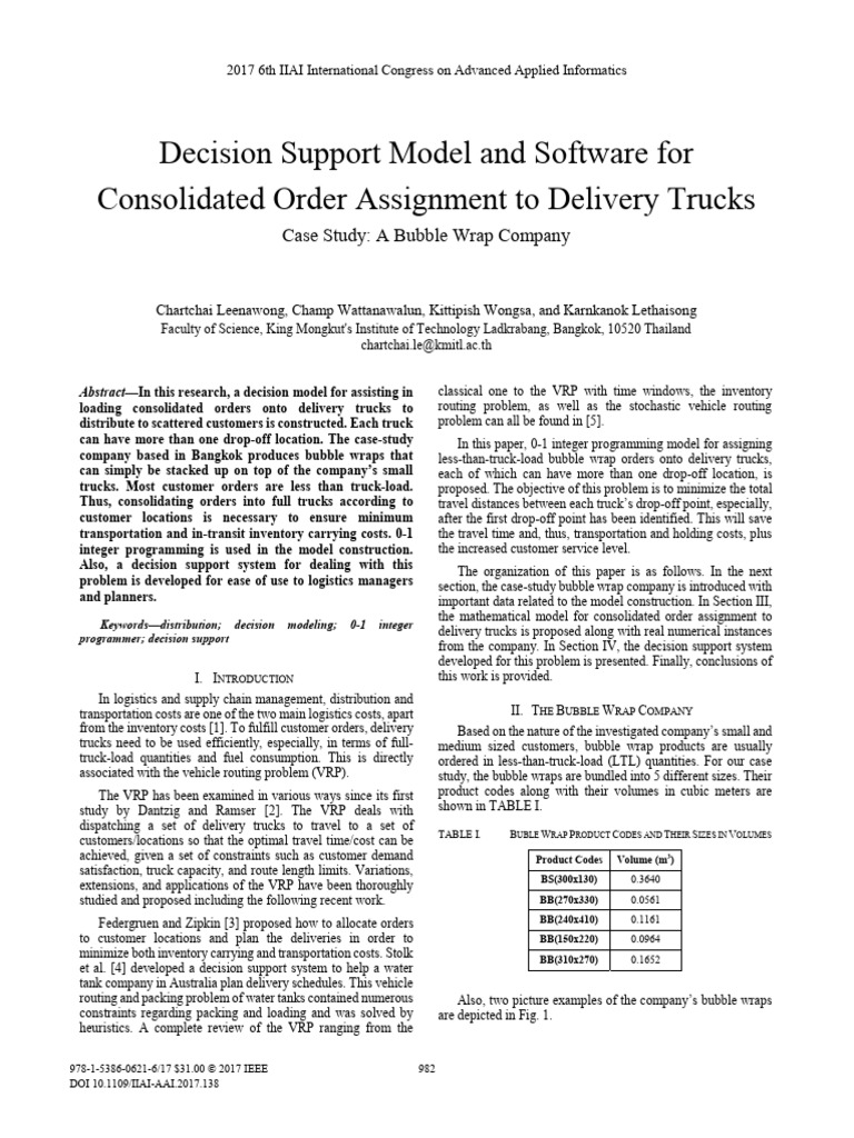 Decision Support Model and Software For Consolidated Order Assignment To Delivery Trucks | PDF ...