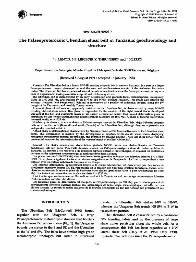 Lenoir1994 JAES Ubendian Shear Belt Tanzania | PDF | Granite | Geology