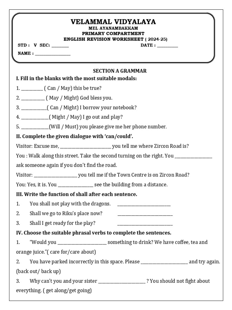 Unit - 2 Revision Worksheet STD V | PDF