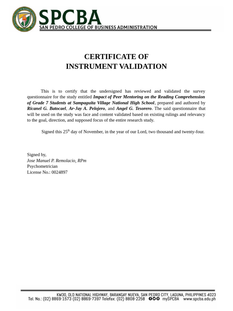 Psychometrician Certification (Batocael) | PDF