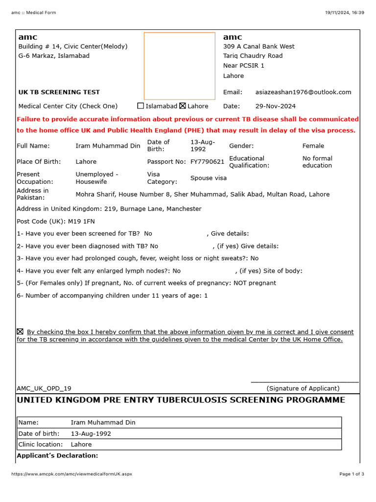 Amc Medical Form | PDF | Tuberculosis | Health Care