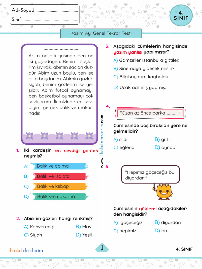 4 Sinif Kasim Ayigeneldenemesinavi 1 | PDF