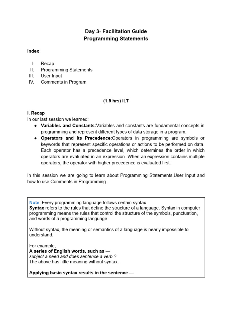 Day3-Facilitation Guide (Programming Statements) | PDF | Programming Language | Semantics