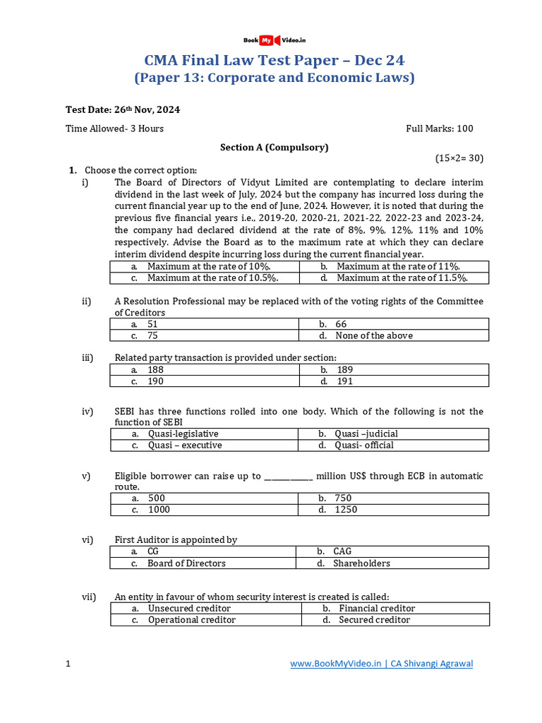 CMA Final Law Test Paper Dec 2024 | PDF | Insolvency | Bankruptcy