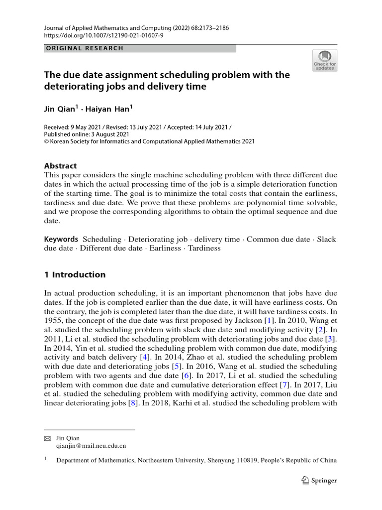 Qian Ve Han - 2022 - The Due Date Assignment Scheduling Problem With TH | PDF | Time Complexity ...