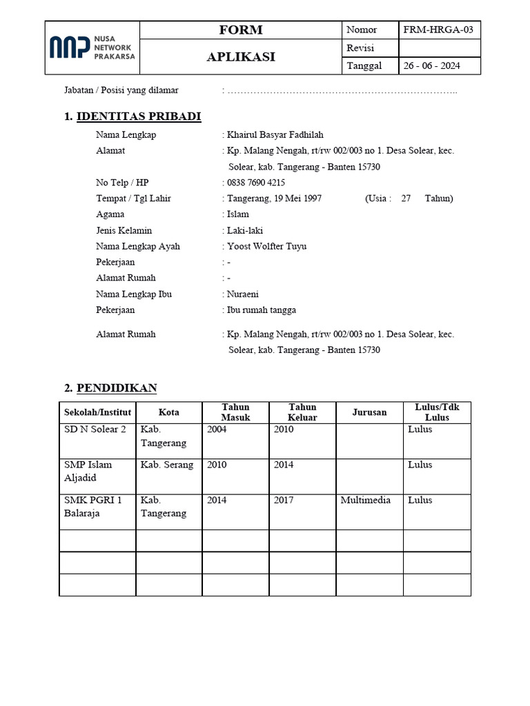 Formulir Aplikasi Kerja | PDF