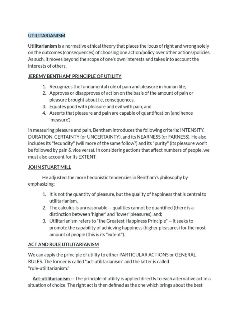 UTILITARIANISM | PDF | Utilitarianism | Pleasure