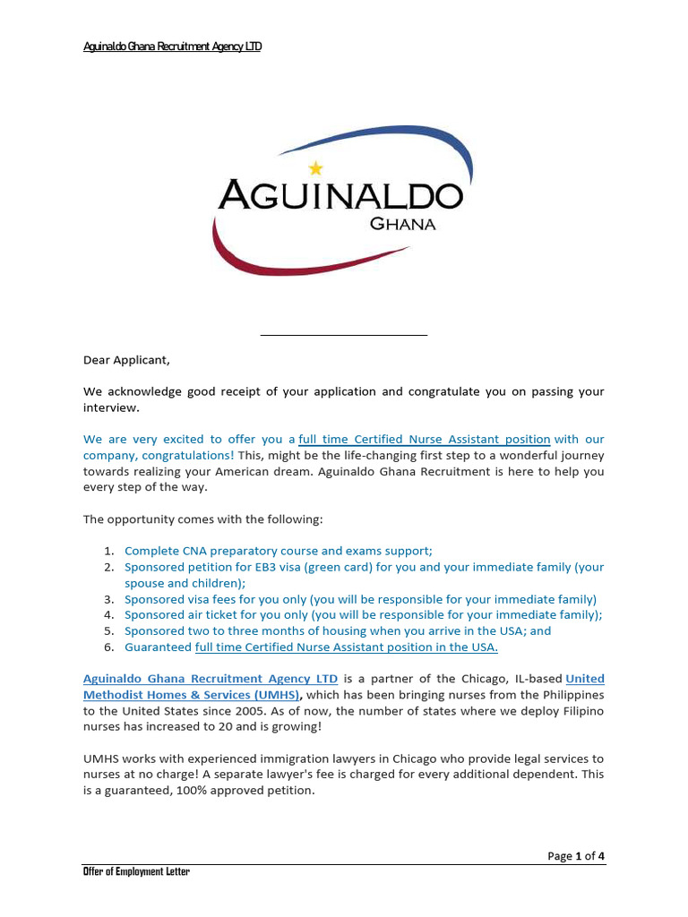 Offer Letter Recruitment of CNAs 2024 | PDF | Sick Leave