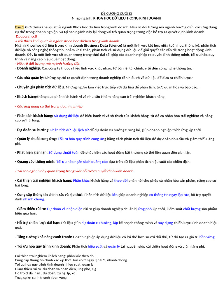 Đề cương cuối kì NN KHDL | PDF