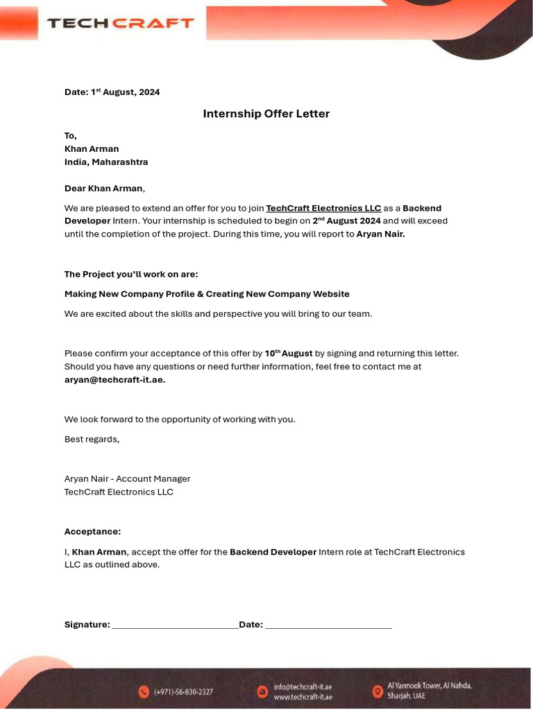 Offer Letter - Arman Khan | PDF