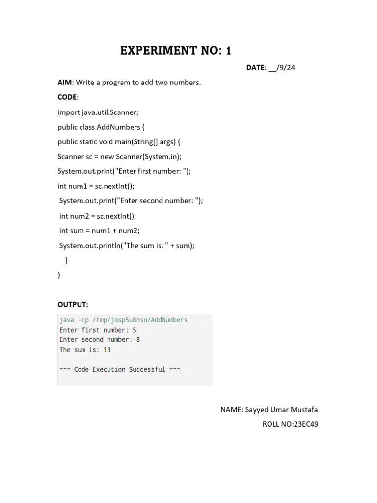 Experiment No: 1: Date AIM Code | PDF | Systems Architecture | Object Oriented Programming