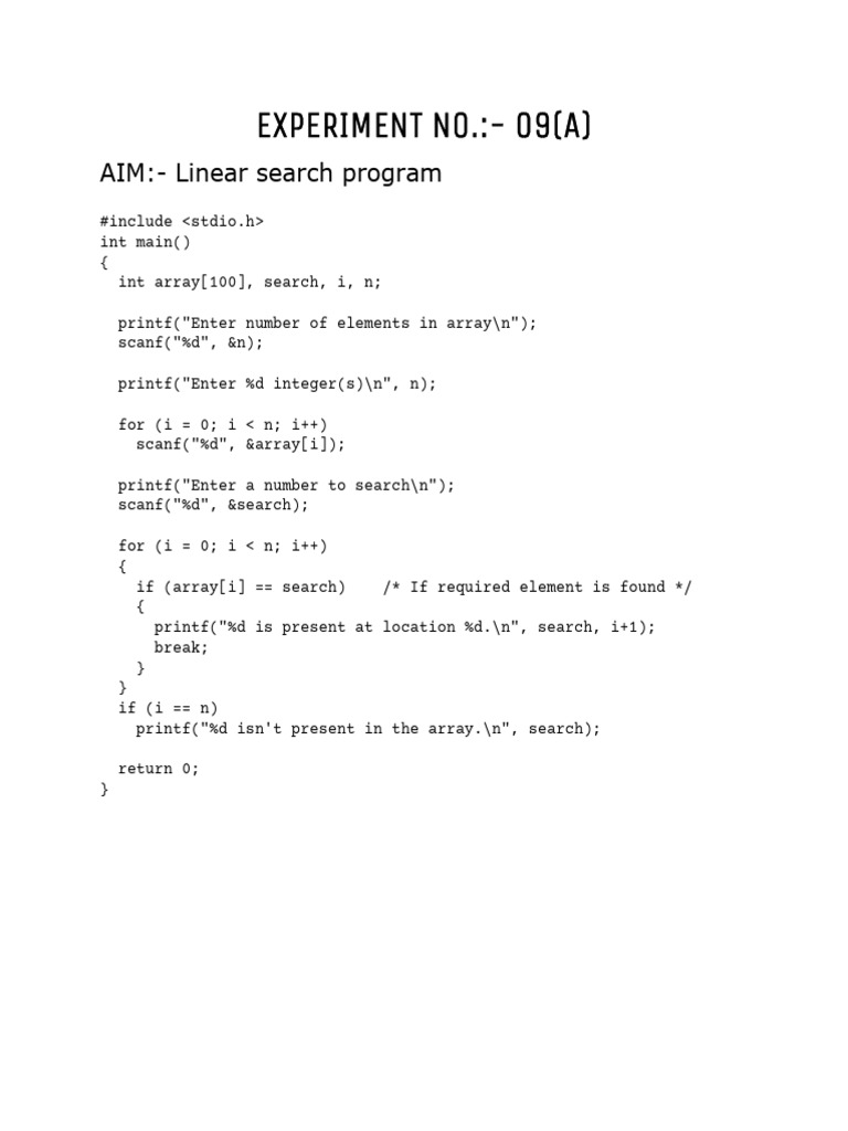 Experiment No.:-09 (A) : AIM: - Linear Search Program | PDF