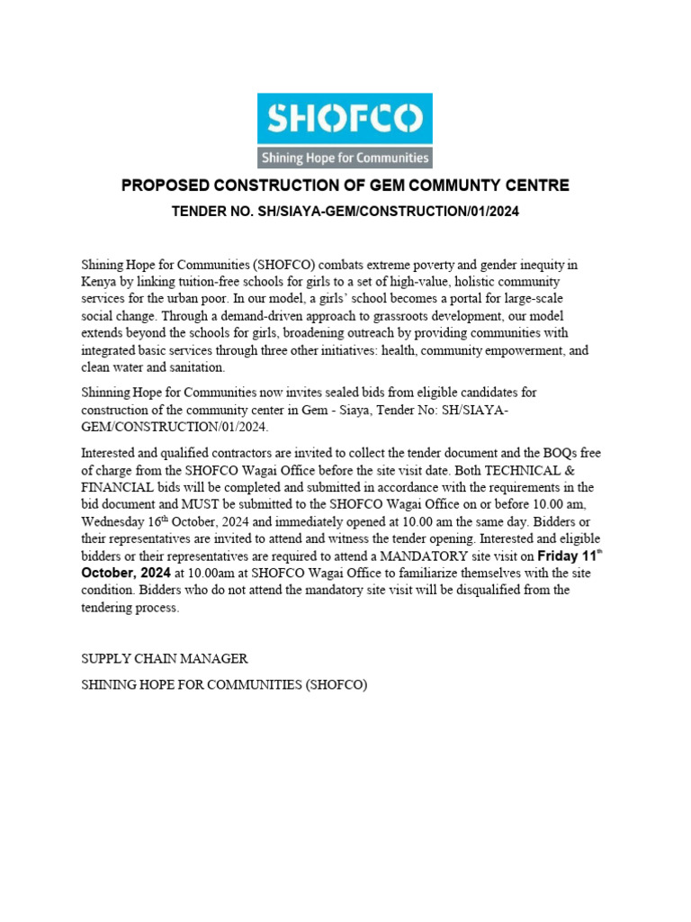 Advert - Proposed Construction of Community Center in Gem in Siaya | PDF