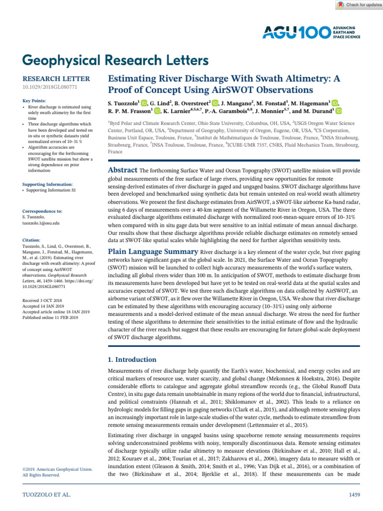 Estimating River Discharge With Swath Altimetry: A Proof of Concept ...