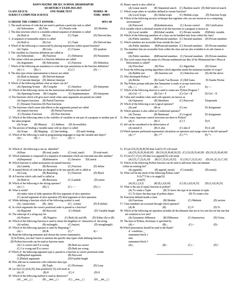 Xii CS Ot Question | PDF | Parameter (Computer Programming) | Data Type