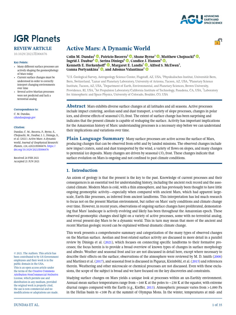 JGR Planets - 2021 - Dundas - Active Mars A Dynamic World | PDF | Mars ...