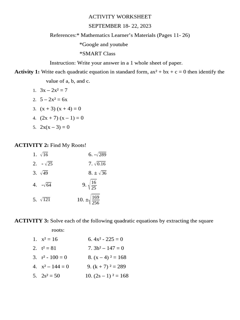 Mathematics 9 Worksheet | PDF