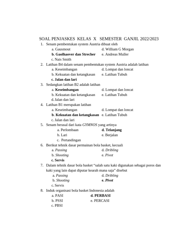 Soal Penjaskes Kelas X Semester Ganjil 2024-2025 | PDF