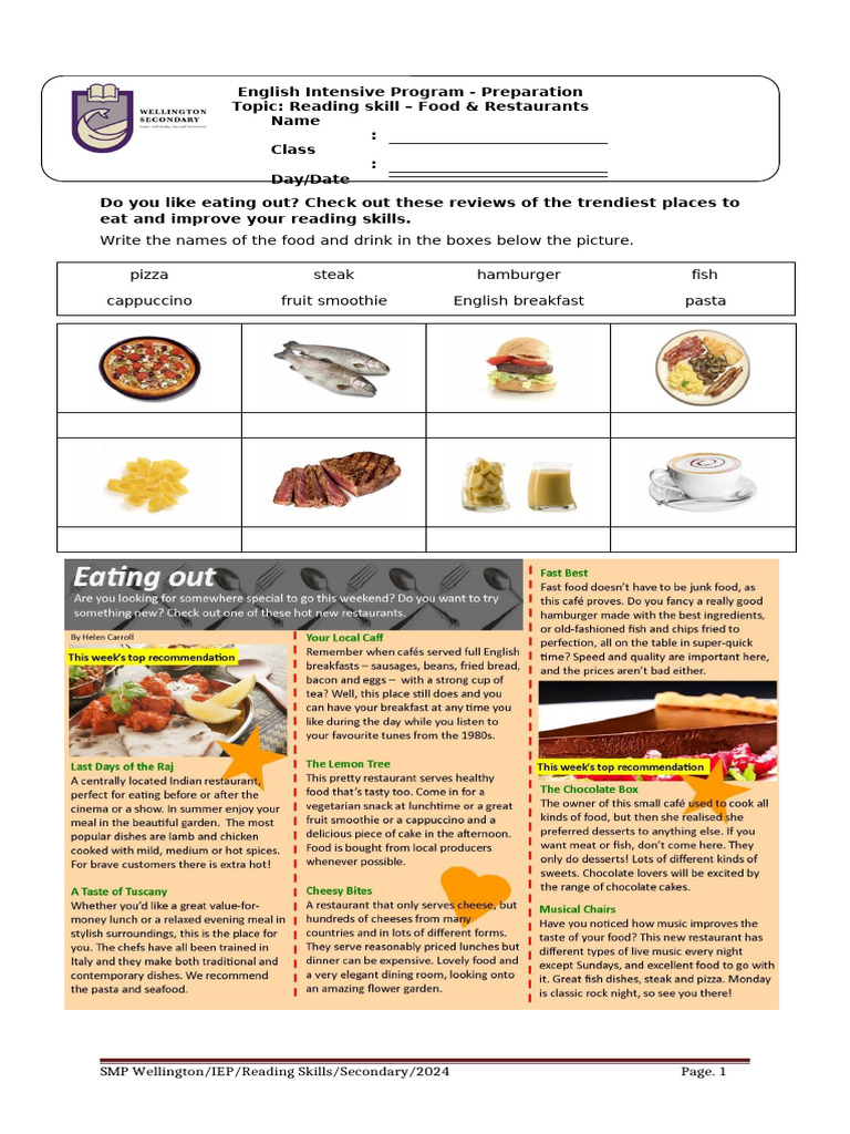 Food & Restaurant Reading Skills Guide | PDF | Restaurants | Meal