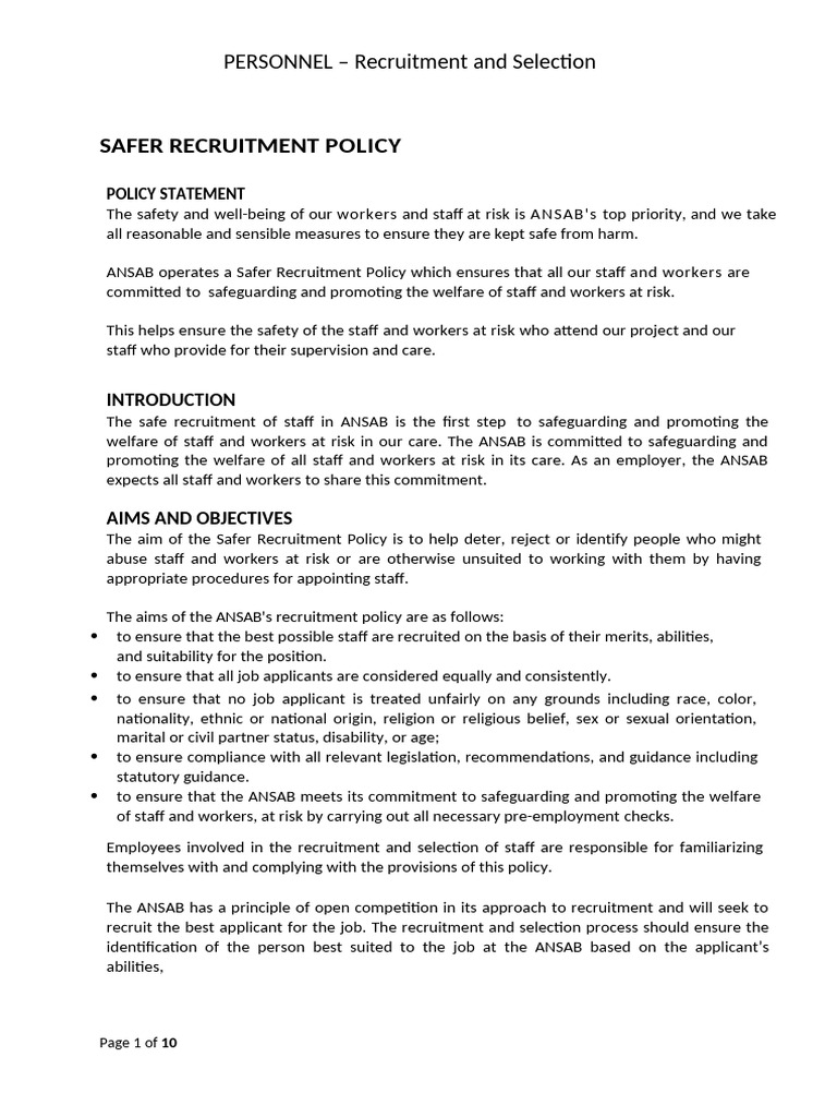 ANSAB Safer Recruitment Policy | PDF | Recruitment | Employment