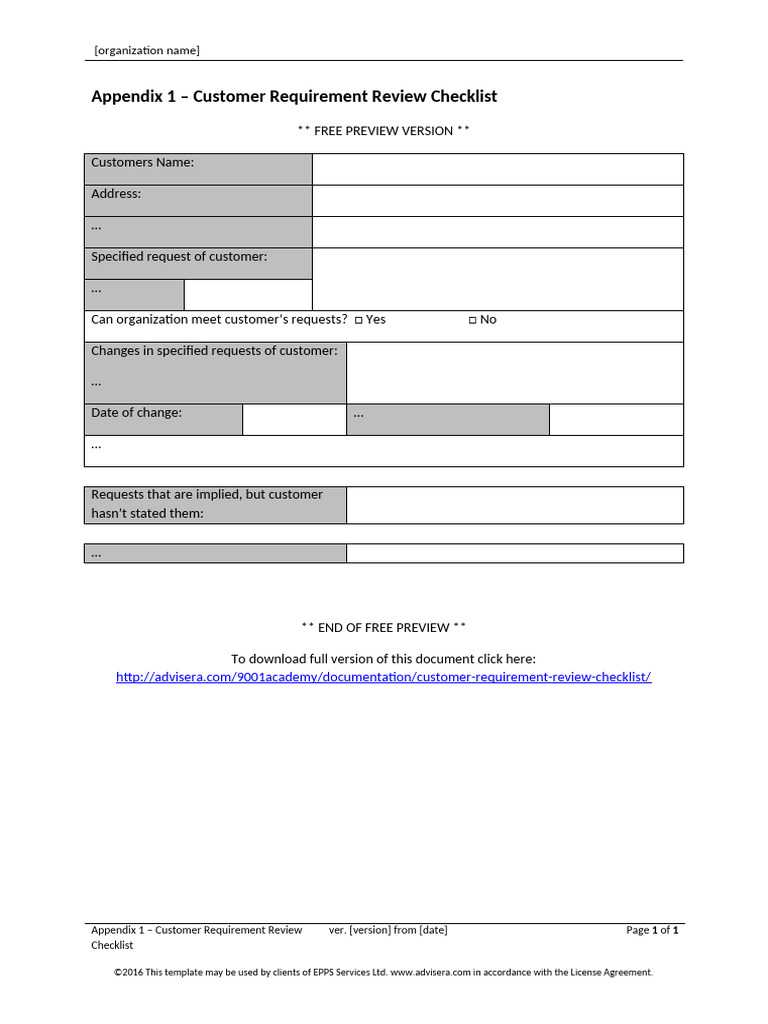 09.1 App 1 Customer Requirement Review Checklist Integrated Preview en ...
