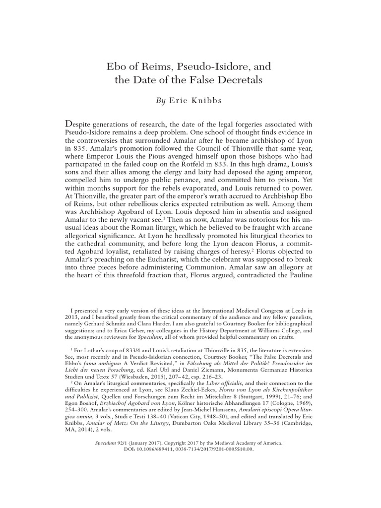 Ebo of Reims, Pseudo-Isidore, and The Date of The False Decretals | PDF ...