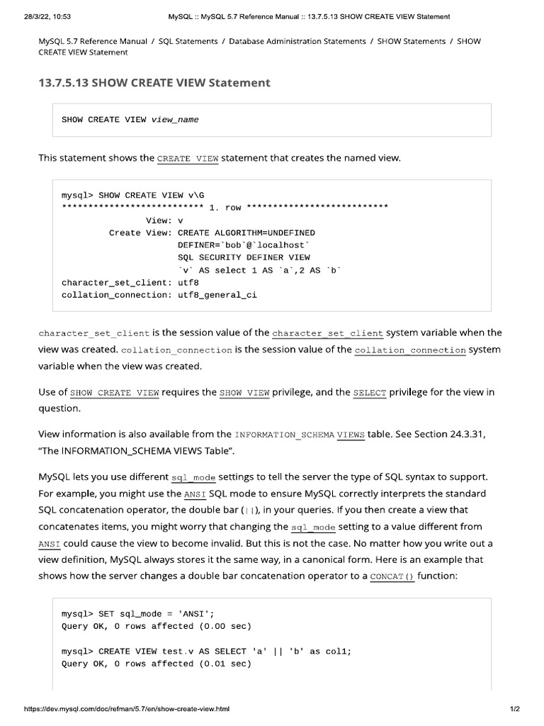 Mysql 5.7 Reference Manual Show View - 13.7.5.13 Show Create View Statement | PDF