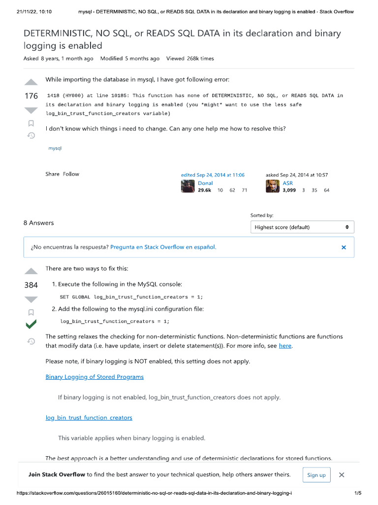 Mysql Deterministic No Sql Or Reads Ry Logging Is Enabled Stack Overflow Pdf