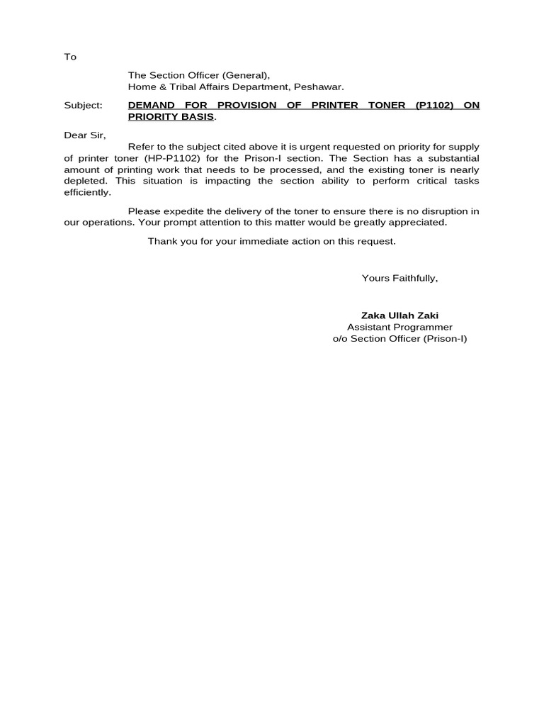 Urgent Request for Printer Toner Supply | PDF