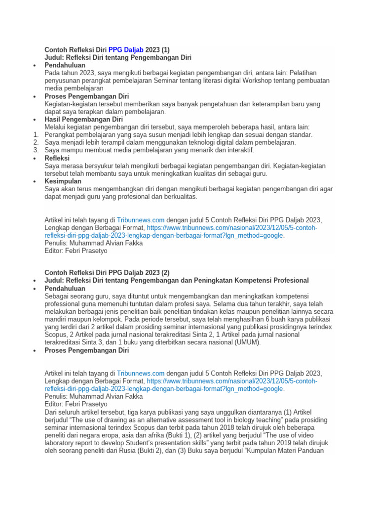 Contoh Refleksi Diri PPG 2023 | PDF
