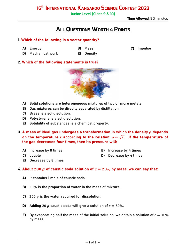 Kangaroo Science Contest 2023 Questions | PDF | Acid | Oxide