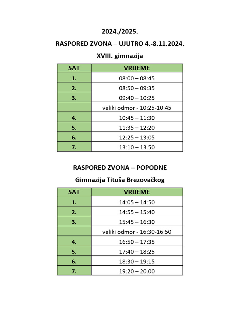 Raspored Zvona U GTB 2024.-2025 18 | PDF