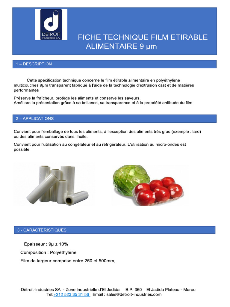 Fiche Technique Film Alimentaire Detroit Industries 9 M | PDF