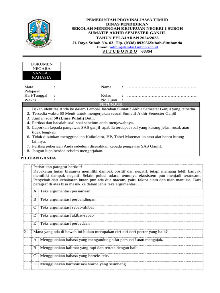 FORMAT SOAL SAS Ganjil 2024 BAHASA INDONESIA | PDF