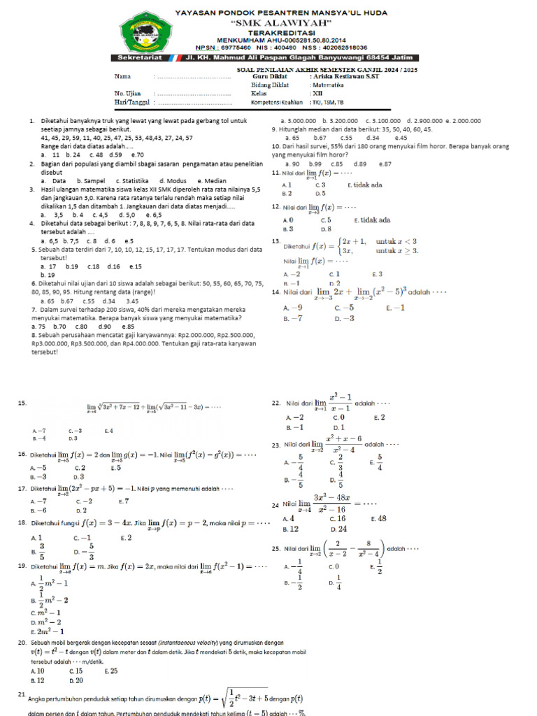 Soal MTK Xii Pas Ganjil 2024 | PDF