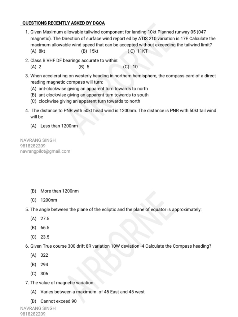 CPL QUESTIONS RECENTLY ASKED BY DGCA IN 2012 Without Ans - 1 | PDF