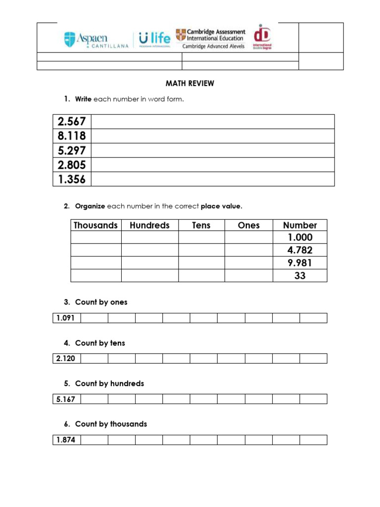 Third Grade Math Review Worksheet | PDF