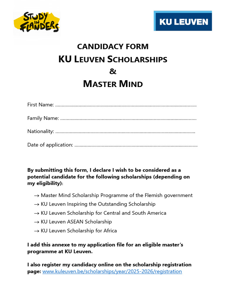 Ku Leuven Scholarships Master Mind Annexe Candidacy Form | PDF