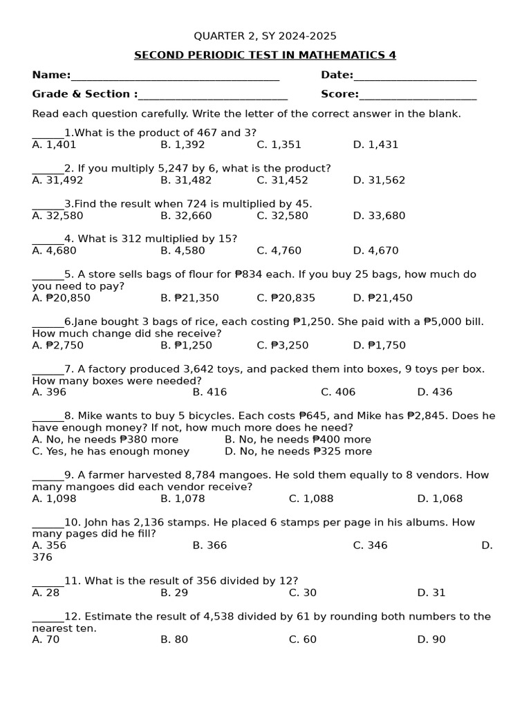 Grade 4 Math 2nd Periodical Test | PDF | Division (Mathematics ...
