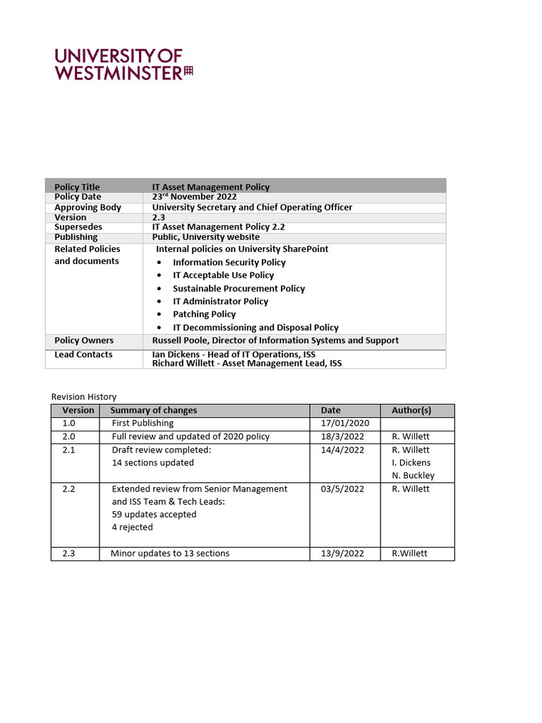 IT Asset Management Policy 2.3 | PDF | Computer Security | Security