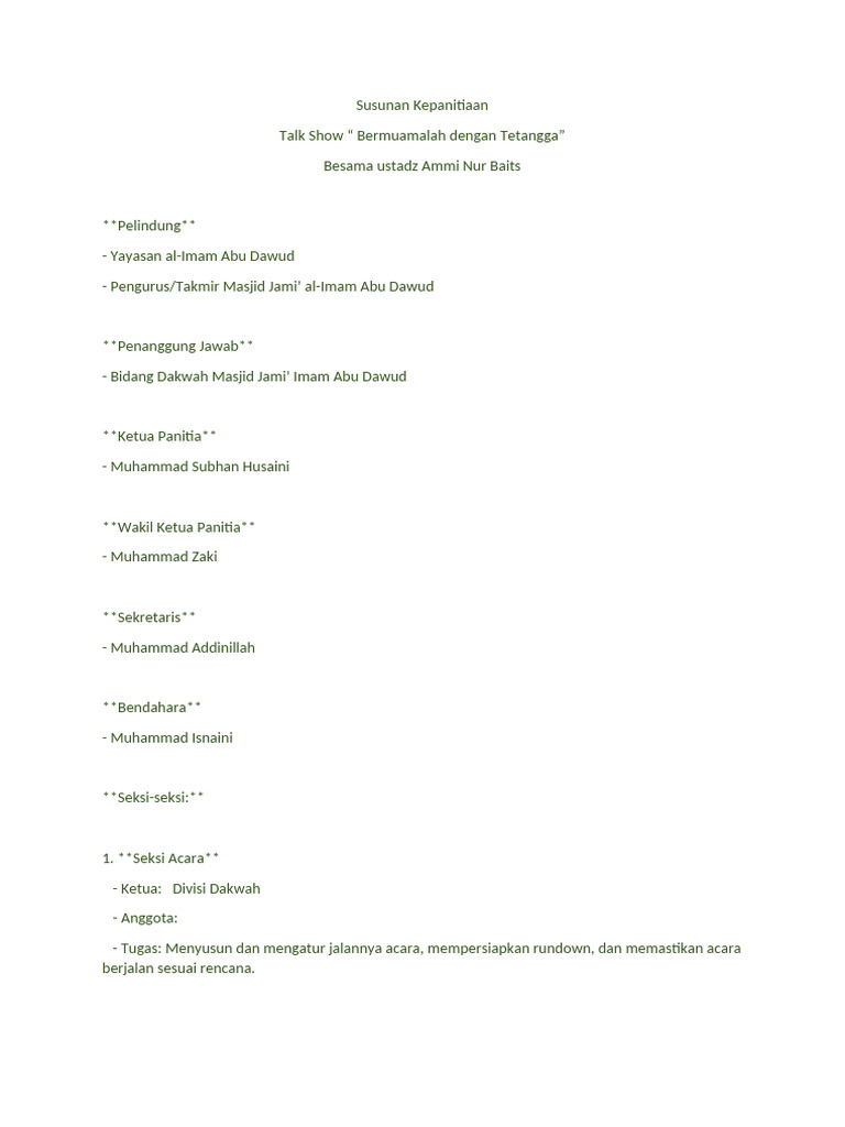 Susunan Panitia Talkshow Ust Ammi Nur Baits | PDF