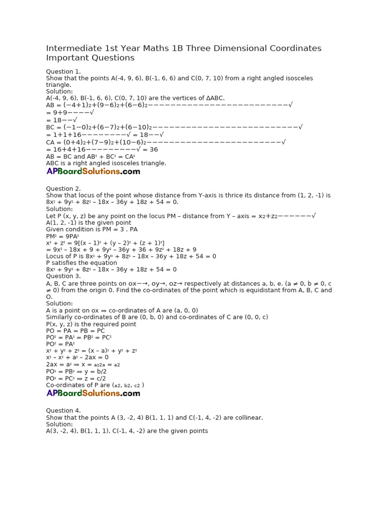 Important Questions on 3D Coordinates | PDF | Triangle | Triangle Geometry