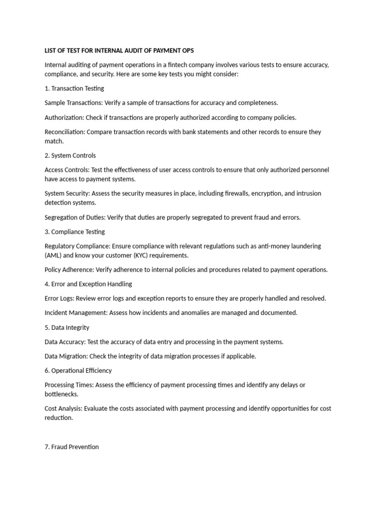 List of Test For Internal Audit of Payment Ops | PDF | Audit ...
