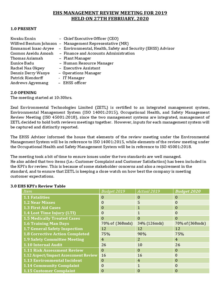 Ehs Management Review Meeting For 2019 Held On 14TH February | PDF ...