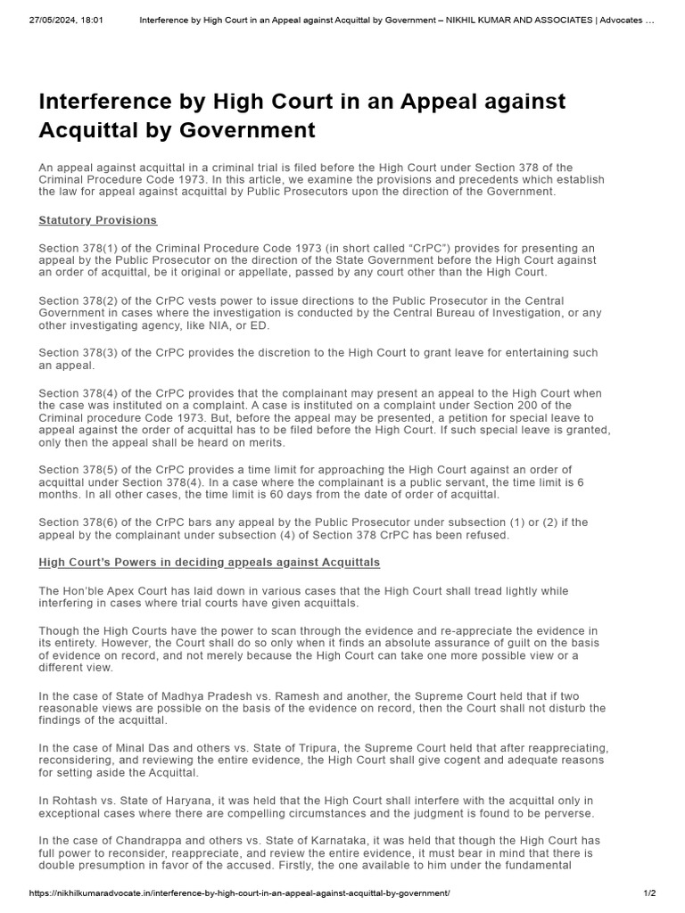 Interference by High Court in An Appeal Against Acquittal by Government ...