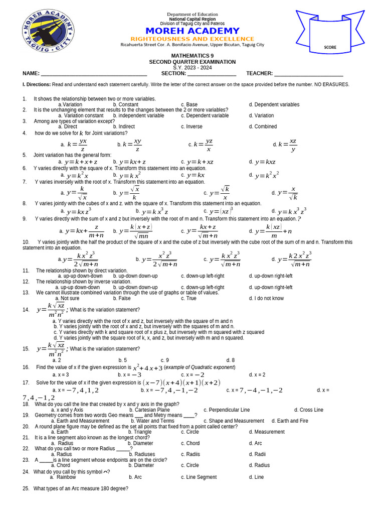 G9-Math-Q2 Exam | PDF | Circle | Radius