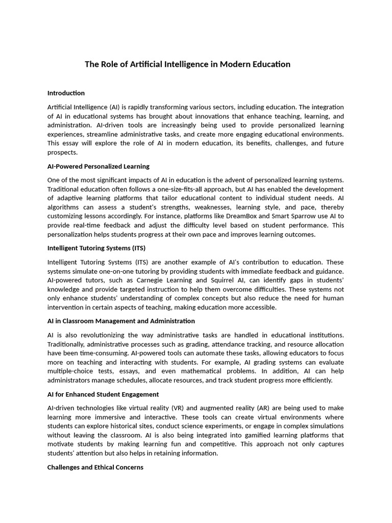 The Role of Artificial Intelligence in Modern Education | PDF ...