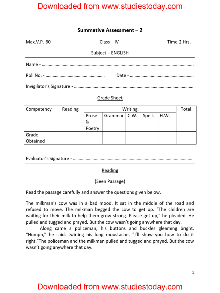 Class 4 English Question Paper 2018 | PDF